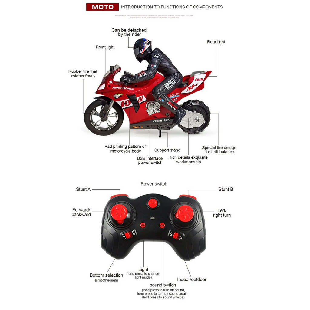 1:6 Scale Remote Control Motorcycle - Self Balancing Stunt Bike