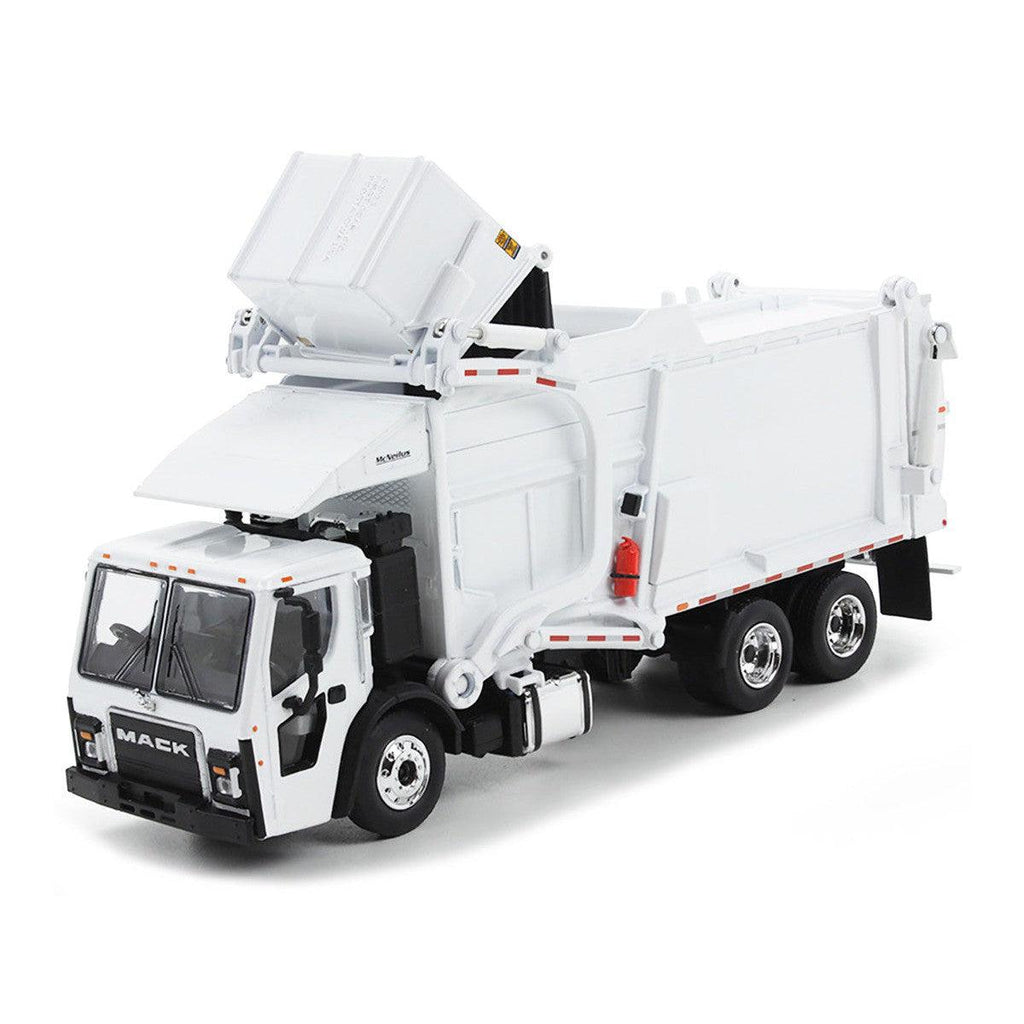 1/64 Scale Diecast White Mack LR Front Loader Garbage Truck Toy With T